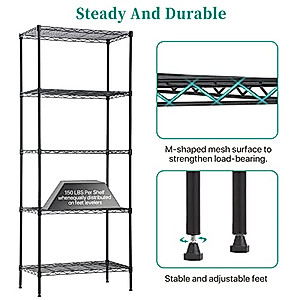 5-Tier Wire Shelving Unit Storage Shelves Heavy Duty Metal Shelf 24"L x 14"W x 60"H Utility Steel Organizer Rack NSF Garage Shelving with Leveling Feet for Kitchen, Garage, Bathroom, Laundry, Black