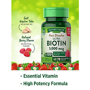 Nature's Truth Ultra Biotin 5000mcg | 78 Fast Dissolve Tablets | Hair Skin and Nails Supplement | Natural Berry Flavor | Vegetarian, Non-GMO, Gluten Free