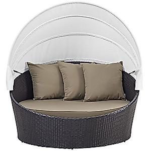 Modway Convene Wicker Rattan Outdoor Patio Retractable Canopy Round Poolside Sofa Daybed in Espresso Mocha