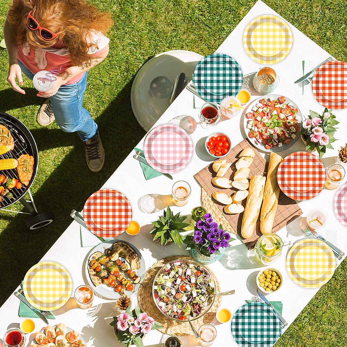 Lonfliness 48Pcs Camp Gingham Paper Plates 7Inch Gingham Checkered Bachelorette Party Supplies Glamping Birthday Tableware Dinnerware Set Summer Plaid Camping Themed Party Favors Baby Bridal Shower