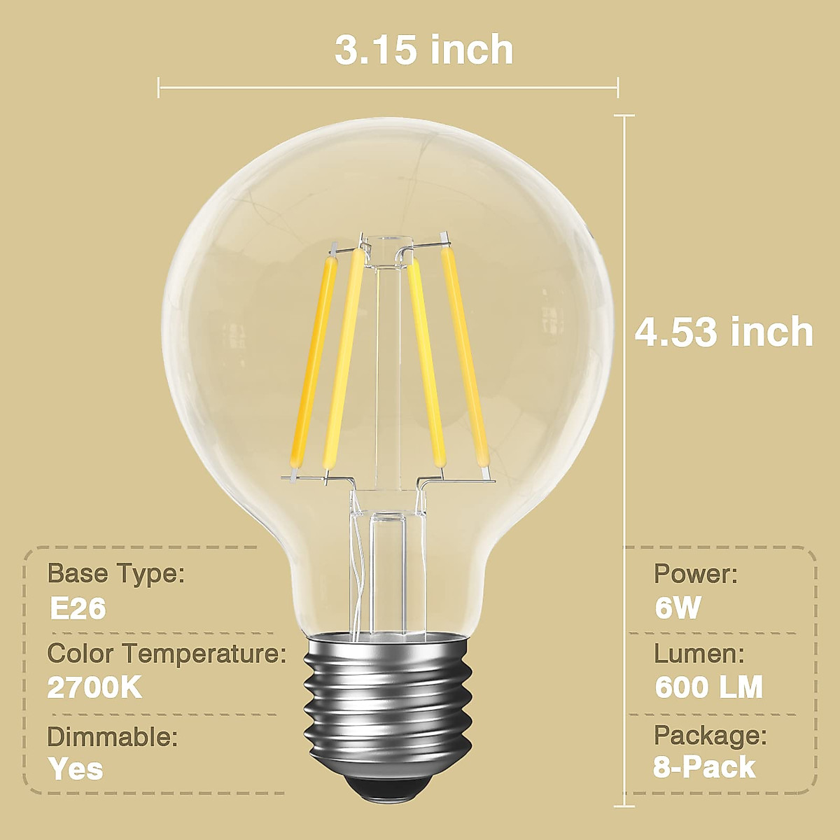 SHINESTAR 8-Pack G25 Globe Light Bulbs, Warm White 2700K, Dimmable, E26 LED Bulb 60 watt Equivalent, Vintage Light Bulbs for Vanity Mirror