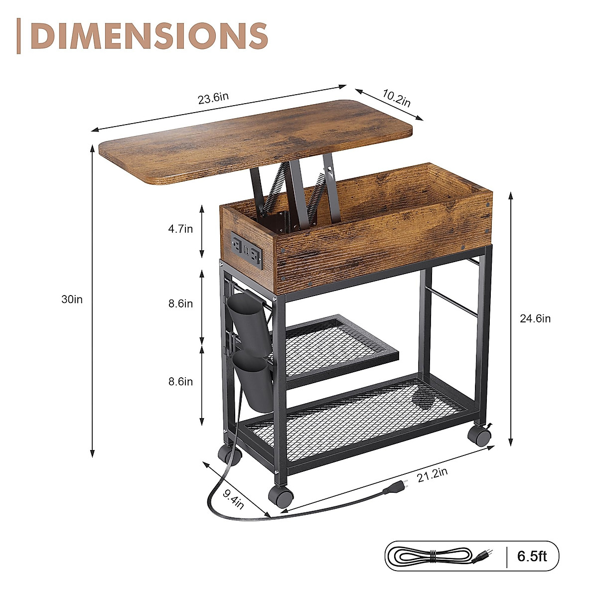 Colima Lift Top End Table with Charging Station and Wheels, Sofa Side Table with USB Port & AC Outlets, Movable Bedside Nightstand with Side Bag for Office Living Room Bedroom(Rustic Wood)