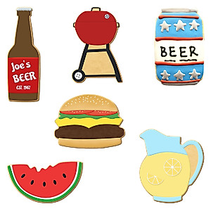 Foose Brand Cookie Cutter Summer Picnic 6 Pc Set with Recipe Card, Made in USA - 4 in Hamburger 4.5 in Bottle 3.5 in Charcoal Grill 3.5 in Watermelon 4 in Soda Beer Can 3.5 in Juice Lemonade Pitcher