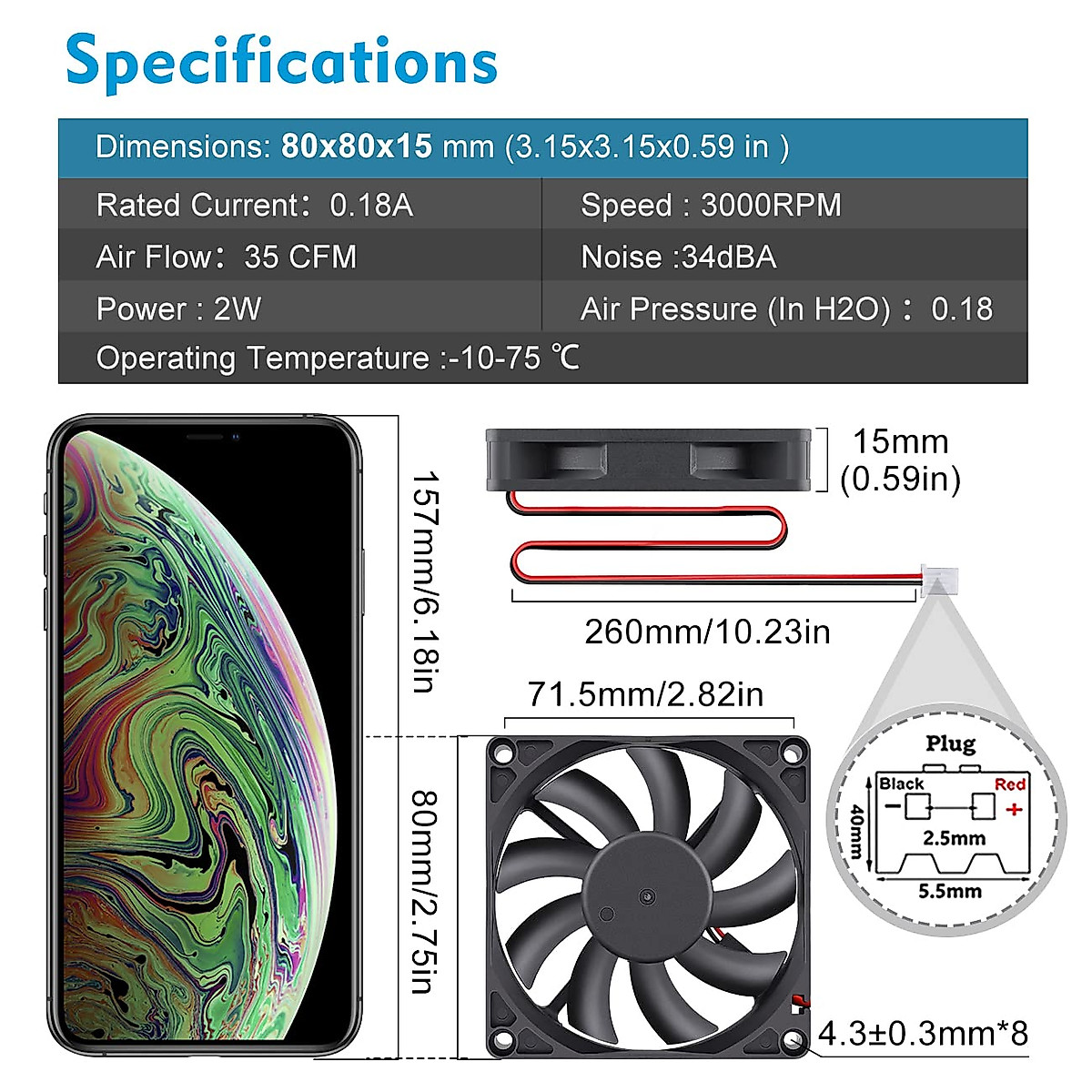 Wathai DC Brushless 12V Cooling Case Fan 80mm x 15mm 3'' 2Pin for Exhaust Replacement Part 2Pack