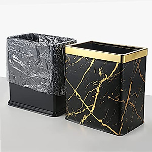 Huaqinglian Small Office Trash can Bedroom Wastebasket,Rectangle Slim Bathroom Kitchen Garbage can 2.6Gallon(Black Gold Marble)