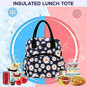 Kasqo Lunch Box Bag for Women, Insulated Thermal Reusable Lunch Cooler Lunch Tote with Front Pocket Daisy