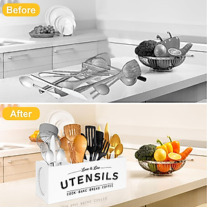 AiMQnLe Extra Large Utensil Holder - 4 Compartments Kitchen Utnesil Organizer, Wooden Cooking Utensil Crock for Kitchen Countertop, Kitchen Counter Decor (White