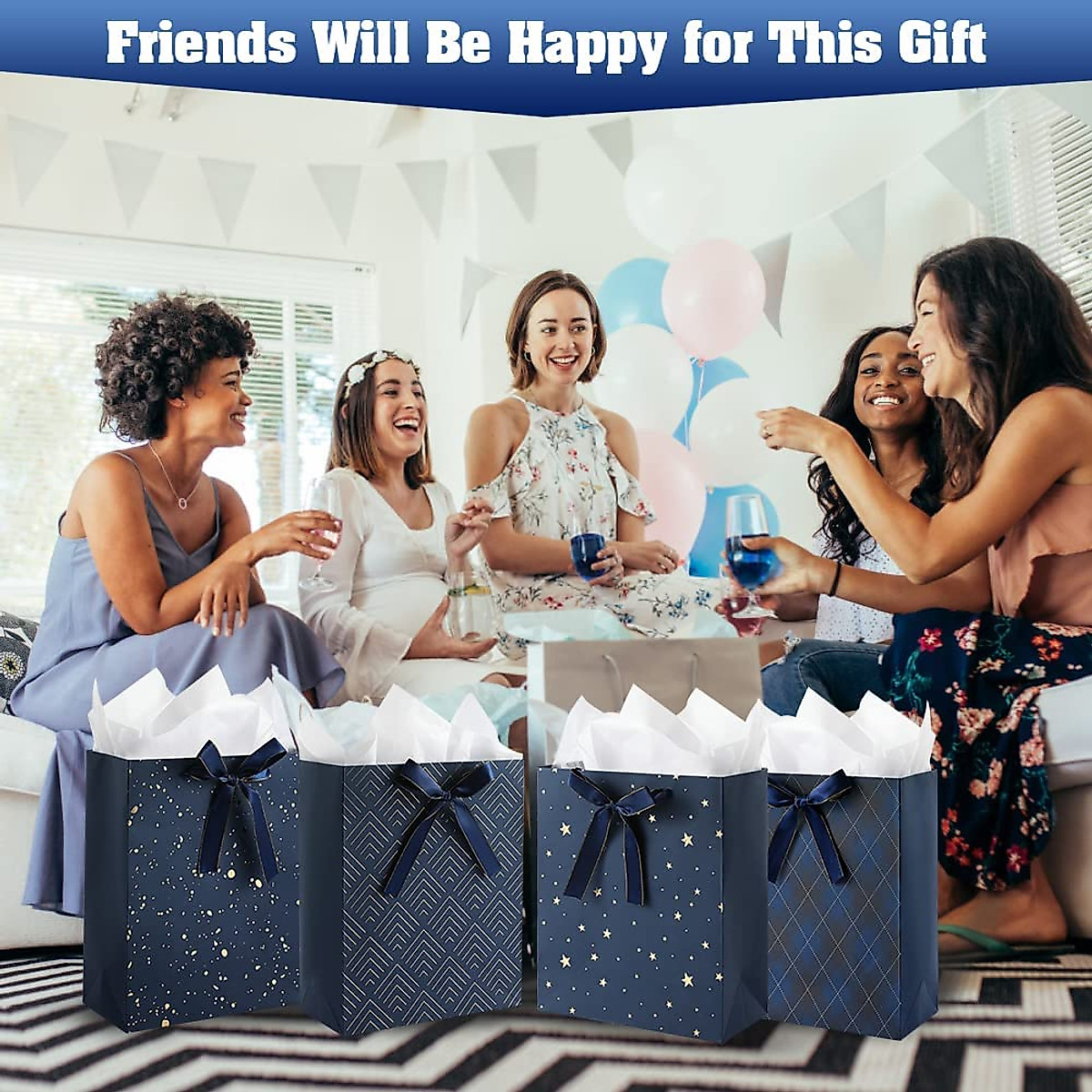 KomoLeay 4 Pack 9" Medium Size Gift Bags Assorted Premium Blue Gift Bags with Tissue Paper Use for Birthdays, Baby Shower,weddings,Party Favor, Holiday Presents-7" X 4" X 9"