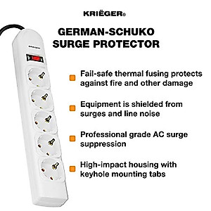 KRIËGER Electric German-Spanish Surge Protector Model KRE5 250 Joules 220V, 5 outlets