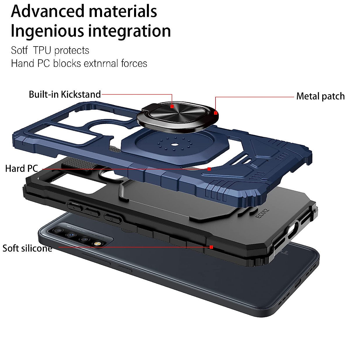 Ailiber for TCL 30XE 5G Phone Case, TCL 20R 5G Case with Screen Protector, Ring Kickstand for Magnetic Car Mount Military Grade, Heavy Duty Full Body Shockproof Protective Cover for TCL 30 XE-Blue