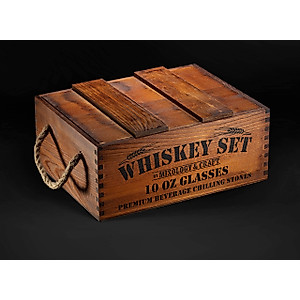 Mixology Whiskey Gift Set, Whiskey Glass Set with Rustic Wooden Crate, 8 Granite Whiskey Rocks Chilling Stones, 10oz Whiskey Glasses, Gift for Men, Dad, Husband, Boyfriend - Jameson Brown