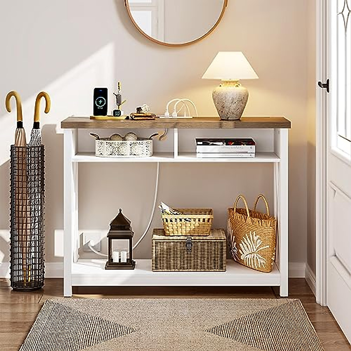 YITAHOME Farmhouse Console Table for Entryway with Charging Station, 40 inch Entryway Tables with Storage Shelf Narrow Sofa Table for Entryway, Living Room, Hallway, Grey Wash
