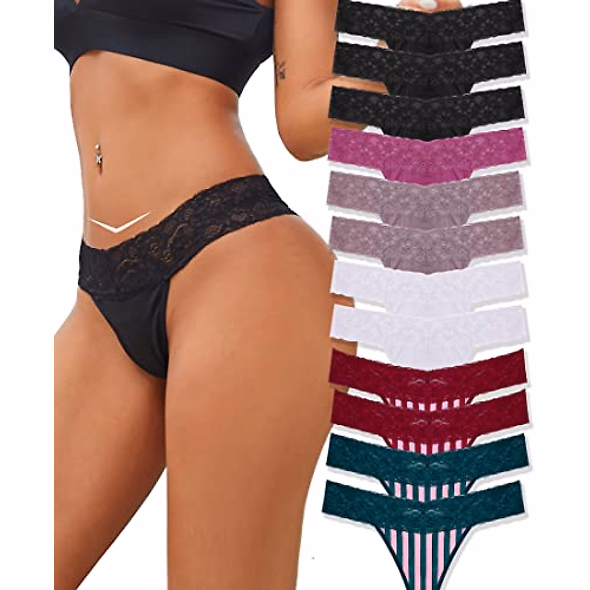 12 Pack Cotton Thongs for Women Low V-Waisted Sexy Lace Underwear Womens Breathable Tanga Panties for Ladies S-XL