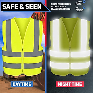 Neiko 53941A High Visibility Safety Vest with Reflective Strips | Size Large | Neon Yellow Color | Zipper Front | For Emergency, Construction and Safety Use