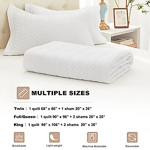 GRT White Quilt Set King Size with Pillow Shams - Lightweight Quilt Reversible Modern Style Bedspread Coverlet Set Rectangle Pattern - Soft Microfiber Quilt Bedding Set for All Season