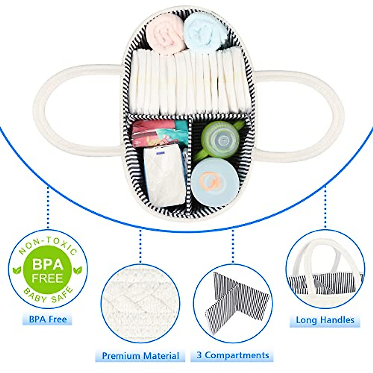 ABenkle Baby Diaper Caddy, Nursery Storage Bin and Car Organizer for Diapers and Baby Wipes, Cotton Rope Diaper Basket Caddy, Changing Table Diaper Storage Caddy Baby Gift Baskets, White