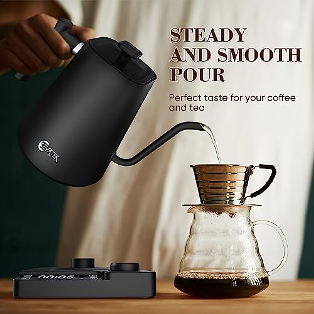 EVATEK Gooseneck Electric Kettle Temperature Control, 1L Electric Tea Kettle with Auto Shut-off, Keep Warm for 1-24h, Dry Burning Protection, 1200W Stainless Steel Pour-Over Coffee Kettle