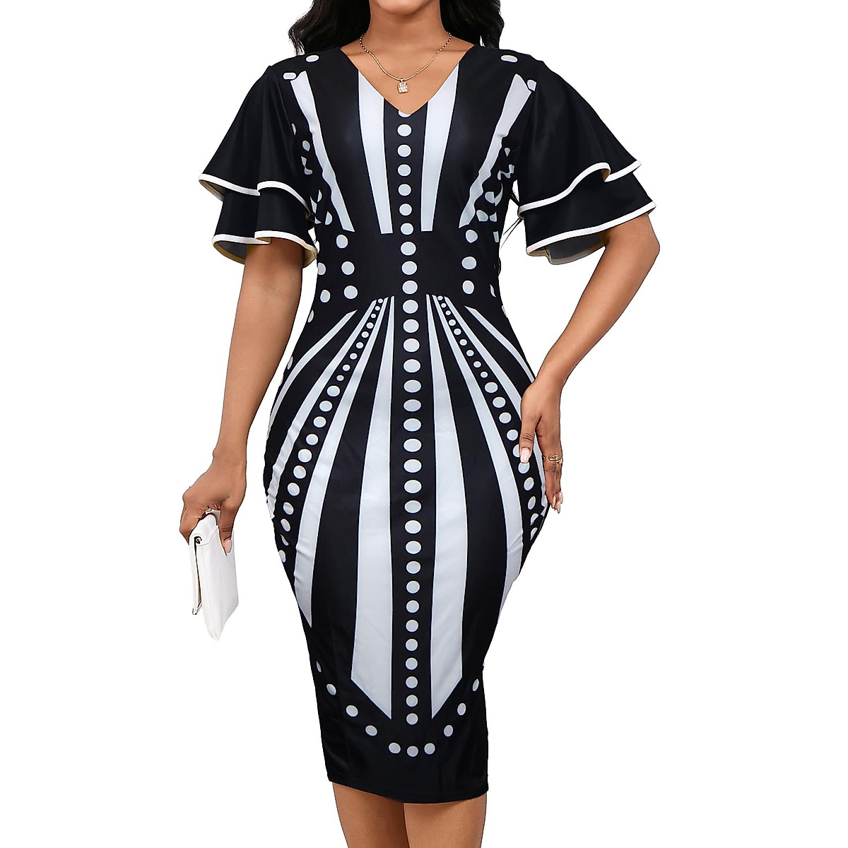 Women's Sexy Ladies Church Dress Crew Neck Short Ruffles Sleeve Elegant Bodycon Midi Pencil Dresses Clubwear