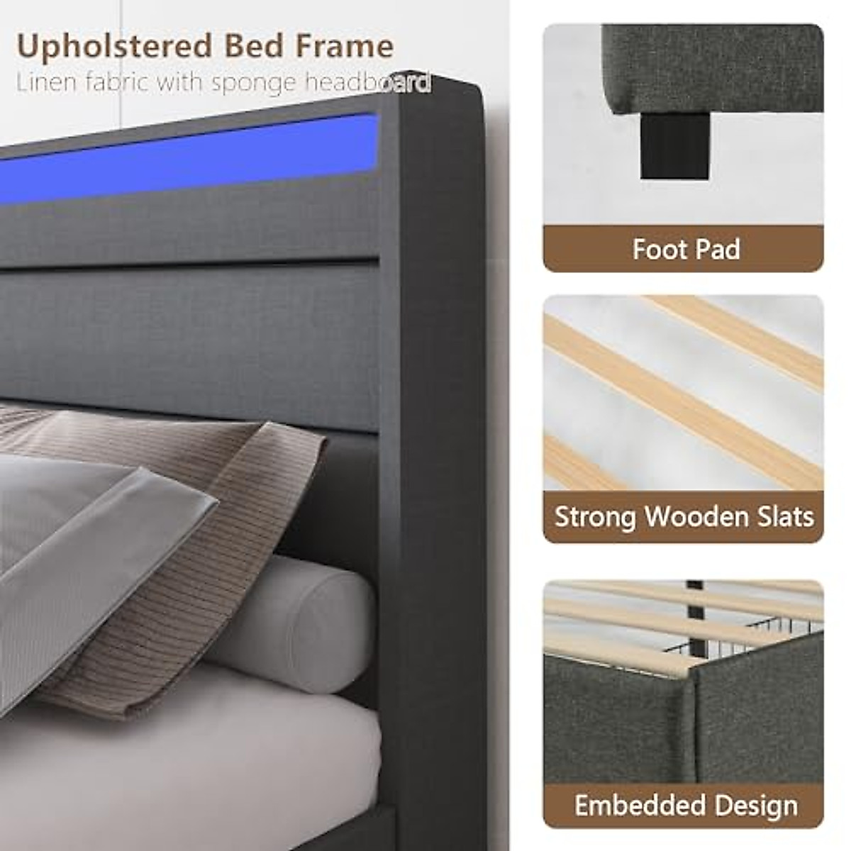 ClouDDwell Queen Bed Frame with RGBW LED Lights, Upholstered Headboard & 4 Storage Drawers, Thickened Hardwood Slats, Dark Grey