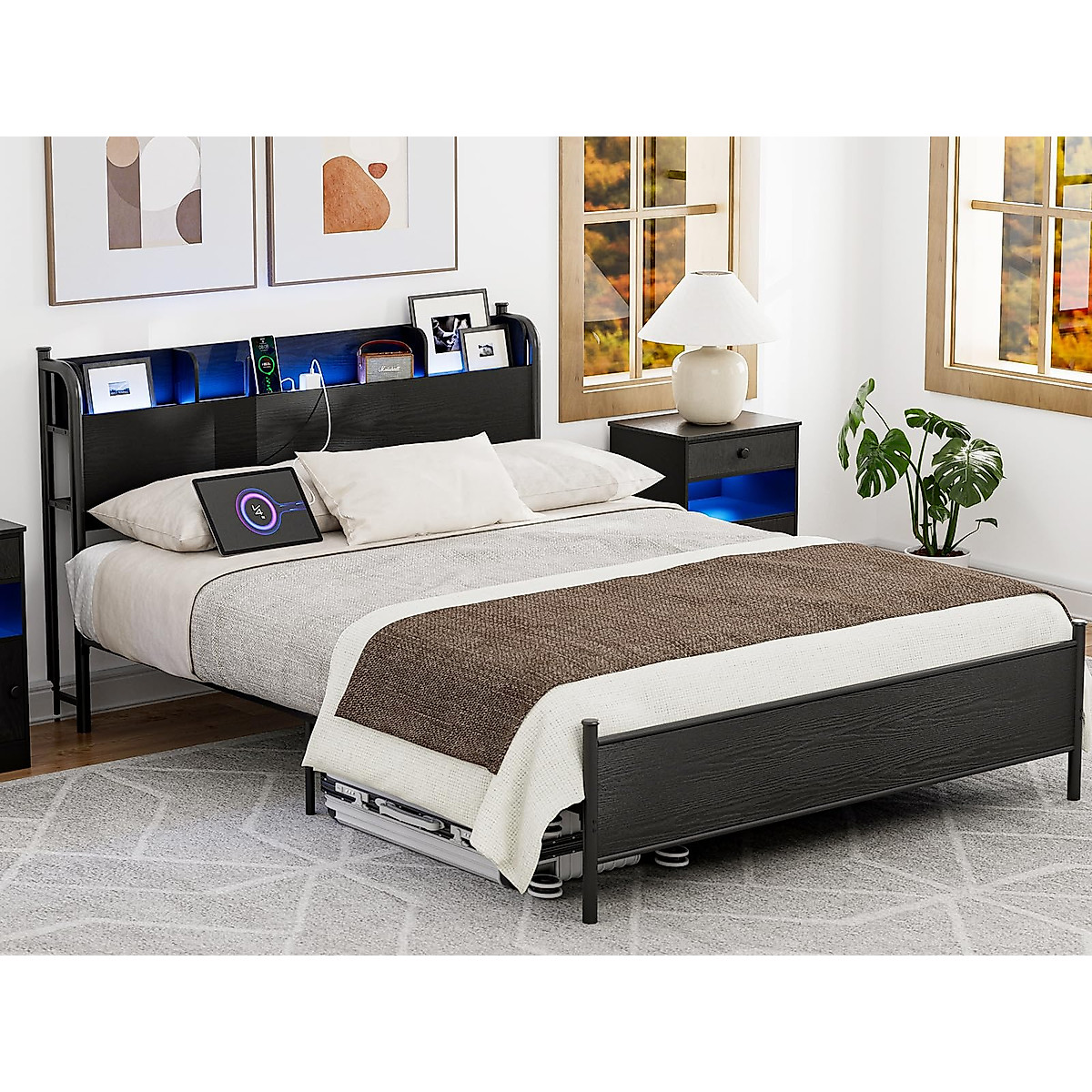 IKIFLY Queen Bed Frame with Storage Shelf Headboard & Charging Station - Metal LED Platform Bed with Strong Steel Slats, No Box Spring Needed, Noise Free, Industrial Vintage Design - Black