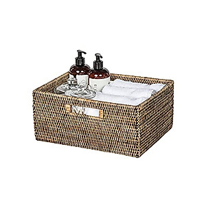 La Jolla Rattan Shelf Basket with Handles, Medium, Black-Wash