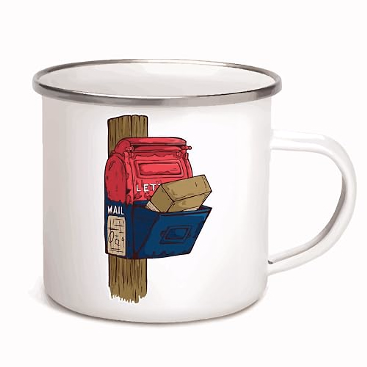 Unique Gift Idea Vintage Mailbox with Package Inside Enthusiasts 12oz Enamel Silver Mug