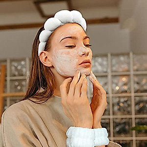 ZZGC Spa Sponge Headband for Washing Face, Makeup Headband with 2Pcs Wrist Washband Hair Band for Makeup Removal, Skincare (White)