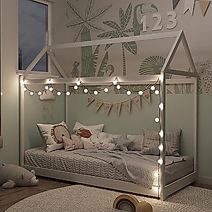 Merax Twin Size Wooden House Bed for Kids,No Box Spring Needed, White