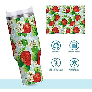 Wfrish Tumbler with Handle and Straw Lid,Red Ripe Strawberry Flowers Blue 40 oz Insulated Coffee Cup Stainless Steel Fruit Water Bottle Travel Mug Cupholder Friendly,Gifts for Women Men