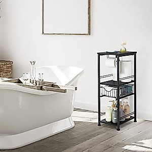 Bathroom Shelf 3 Tier Bathroom Storage Cabinet Freestanding Tower Rack with Drawer Floor Towel Storage Stand with Toilet Paper Hanger Narrow Storage Organizer Rack for Laundry Room Bedroom Black