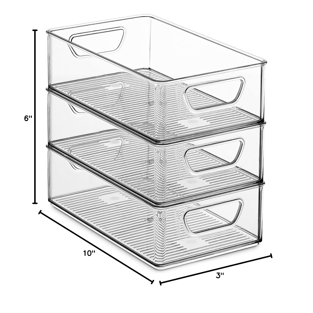 Set Of 6 Refrigerator Organizer Bins - Stackable Fridge Organizers with Cutout Handles for Freezer, Kitchen, Countertops, Cabinets - Clear Plastic Pantry Food Storage Rack