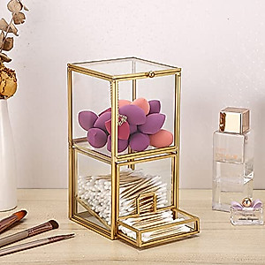 Hipiwe Gold Glass Qtip Holder with Lid 2 Compartments Cotton Balls Swab Organizer Cotton Round Pads Holder Makeup Pad Cosmetic Storage Case Q-tip Dispenser for Dresser Countertop