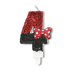 Number 4 Birthday Candle,Red Black Sequin Number Candles with Red Bow 4th Glitter Cake Candles