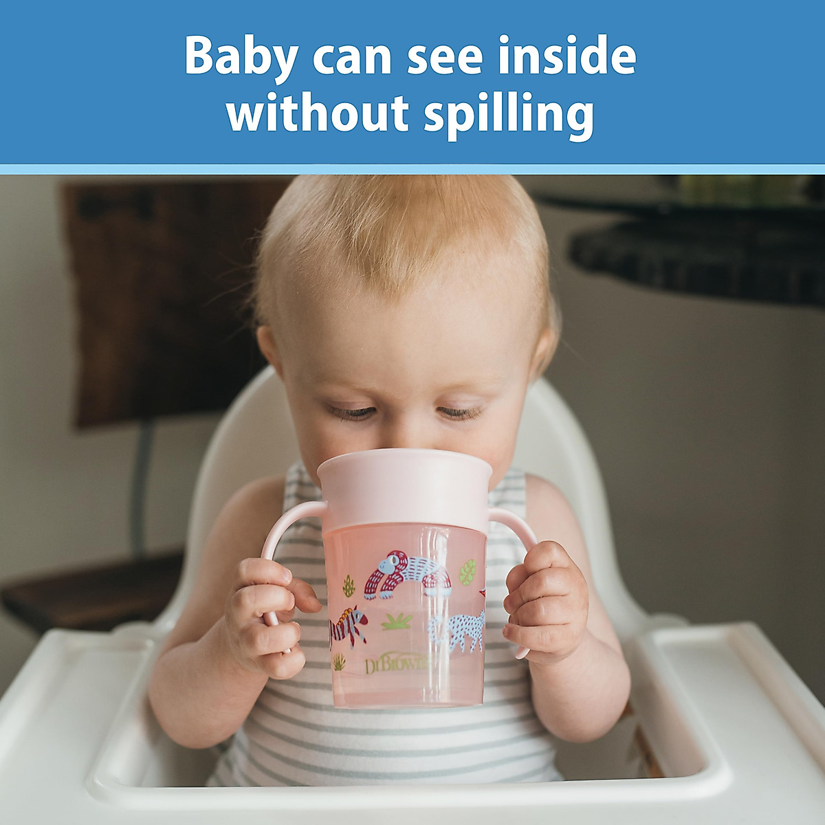 Dr. Brown's Milestones Cheers 360 Cup Spoutless Transition Cup with Handles for Easy Grip and Leak-Free Learning, Pink Safari, 7 oz/200 mL