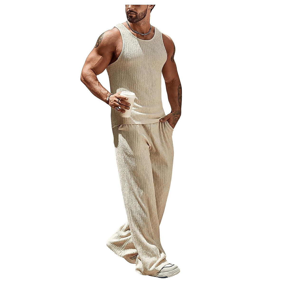 GORGLITTER Men's 2 Piece Rib Knit Outfits Casual Sleeveless Tank Top Elastic Waist Pants Set Apricot Medium