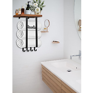 Towel Holder Bathroom Storage with Wooden Shelf and 4 Hooks Towel Rack Wall Mounted for Rolled Towels Towel Organizer for Narrow Bathroom Accessories and Decor