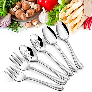 Serving Set, HaWare 6 Pieces Stainless Steel Silverware Serving Utensils, Pearled Edge Hostess Serving Set for Buffet Party Kitchen Restaurant, Mirror Finished & Dishwasher Safe