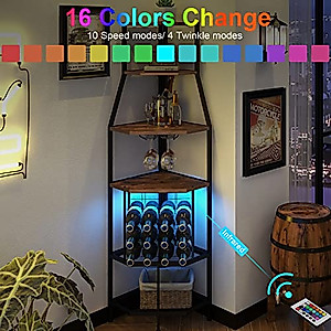 Espelism 5-Tier Corner Wine Rack Freestanding Floor with Glass Holder and Bottles Wine Storage Industrial Bar Cabinets with LED Light for Liquor and Glasses for Living Room Kitchen Home Bar