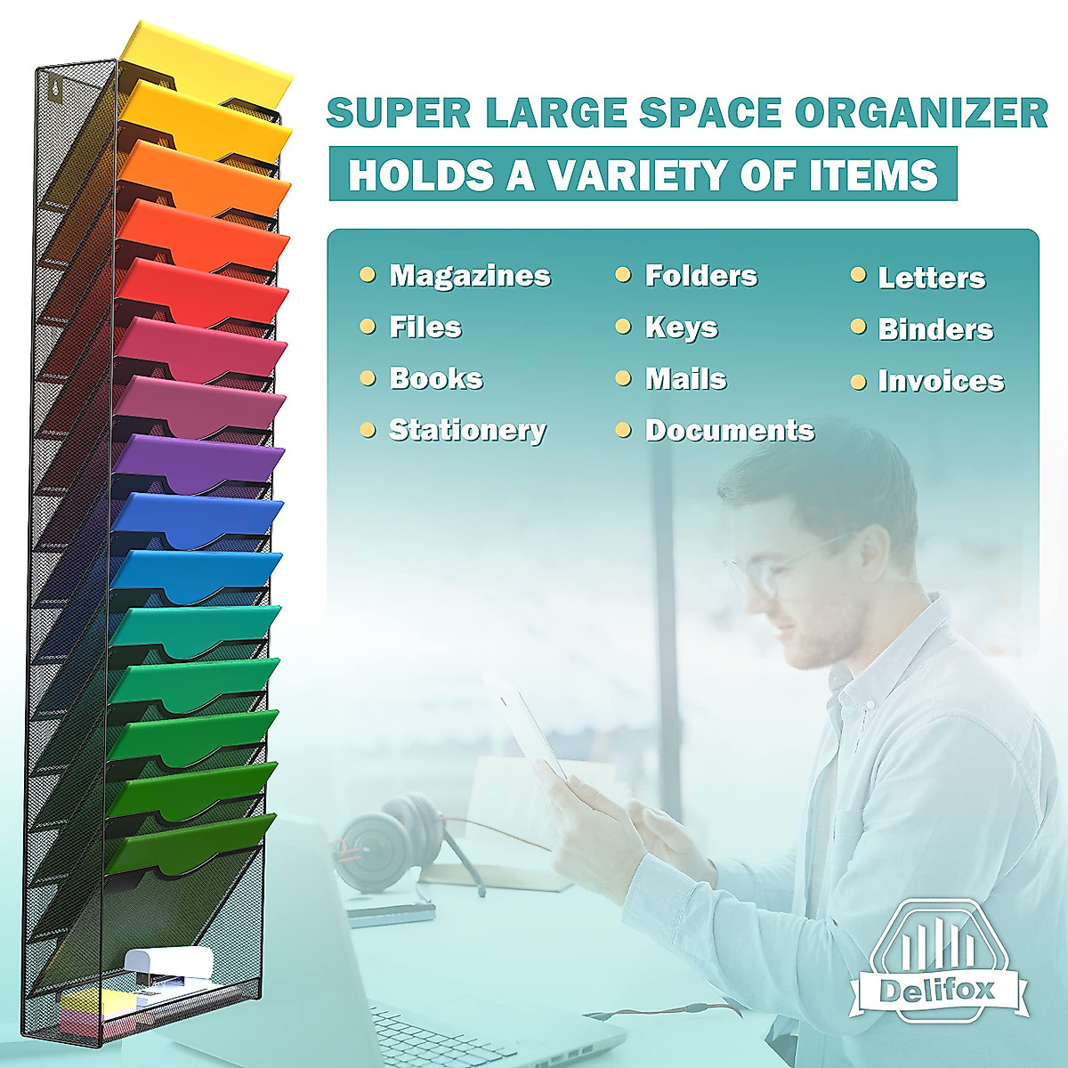 Delifox 16-Tier Wall Mounted Hanging File Organizer Wall File Holder Metal Mesh Vertical Magazine Rack Classroom Office Organization