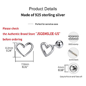 JSGEMSLEE Hypoallergenic 925 Sterling Silver Heart Earrings With Screw Back Tiny Love Heart Stud Earrings for Women Tragus Cartilage Jewelry