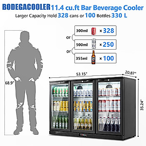 BODEGACOOLER Back Bar Cooler With 3 Glass Doors,Counter Height Beverage Refrigerator,11.4Cu.Ft Commercial Display Bar Fridge with LED Lighting,21 inch Beverage Cooler for Beer,Soda Drinks,Wine