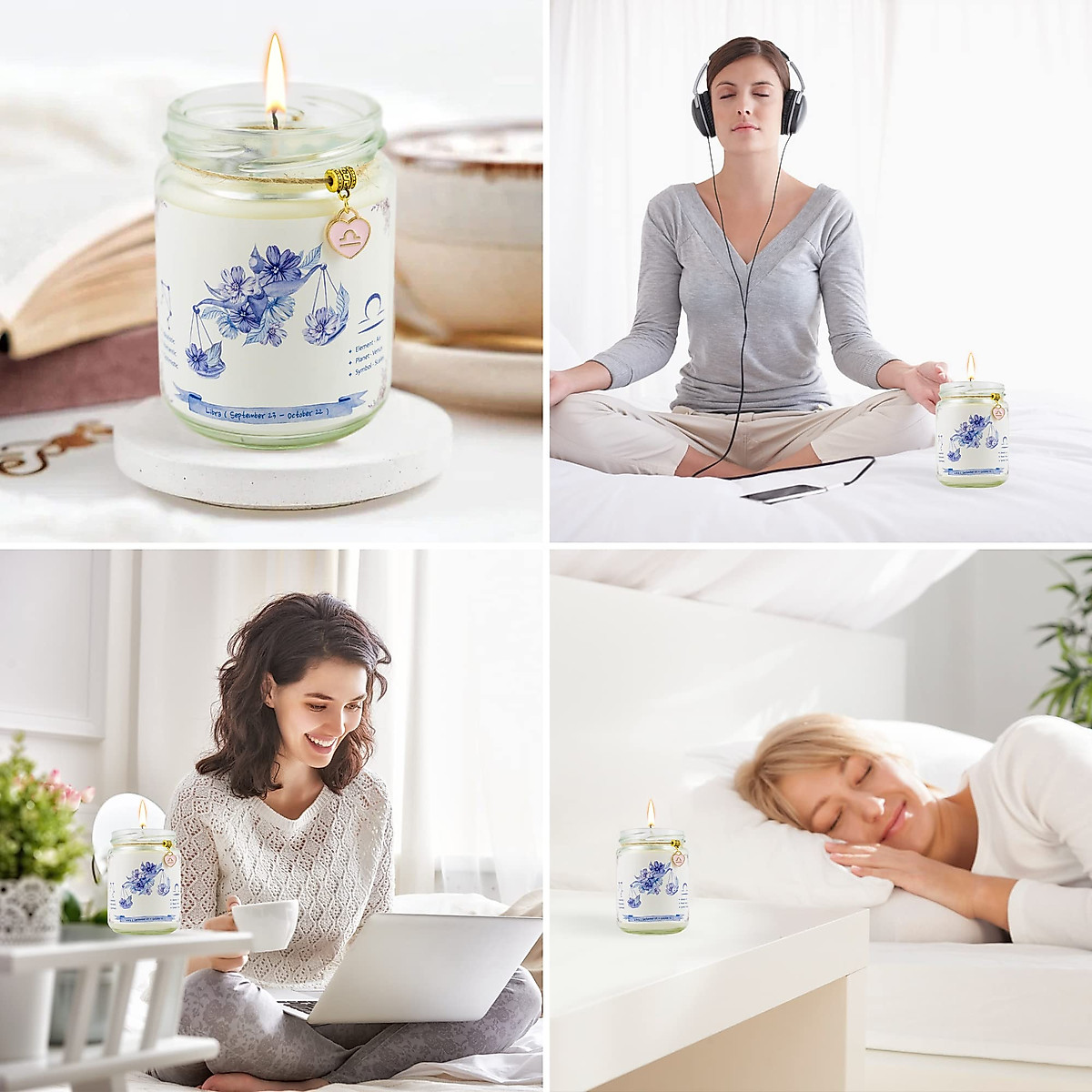 ZINCGE Libra Gifts for Women, Libra Candle, Zodiac Crystal Candle Gifts, Astrology Birthday Gifts Natural Soy Violets Scented Candle with Flowers and Lazurite Spirit Gifts for Mom Sister Friends