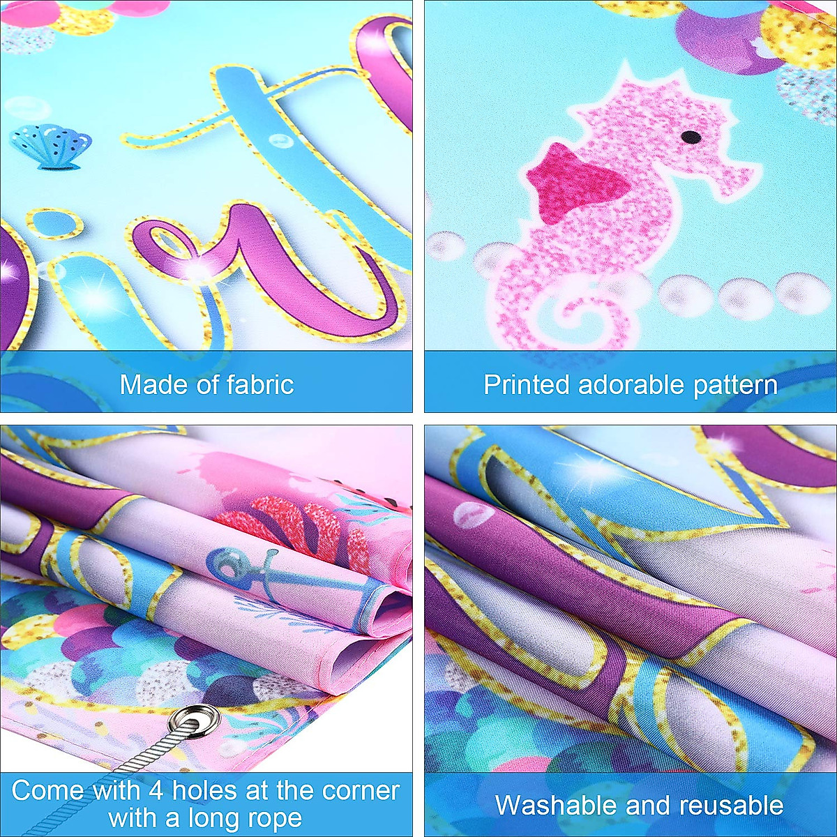 Tatuo Mermaid Banner Mermaid Happy Birthday Banner Under the Sea Girls Princess Party Decorations Background Photo Large Mermaid Glitter Banner for Birthday Party Supplies