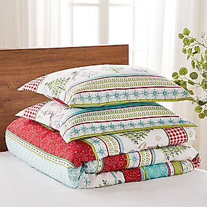 Levtex Home Merry & Bright Collection - Comet and Cupid Duvet Set - King Duvet Cover (106 x 94in.) + Two King Sham (36 x 20in.) - Holiday Deer and Christmas Trees - Red Green White Teal