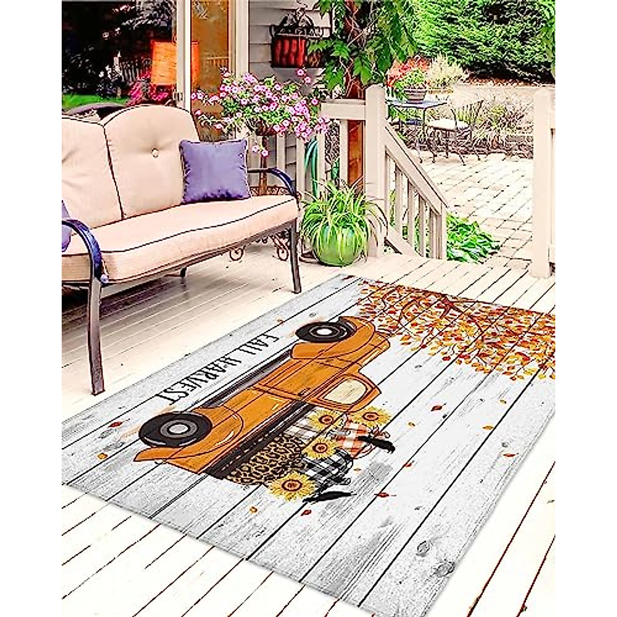 Outdoor Area Rug for Patio,Thanksgiving Autumn Farm Truck Pumpkins Camping Rugs Indoor Large Floor Mat 4x6ft,Fall Orange Leaf Flowers on Wooden Outside Carpet for Deck RV Picnic Porch Backyard