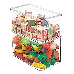mDesign Plastic Stackable Toy Storage Bin Container Box, Hinge Lid for Organizing Living Room, Play Room, Bedroom, Nursery, Hold Blocks, Puzzles, Books, Lumiere Collection, Clear