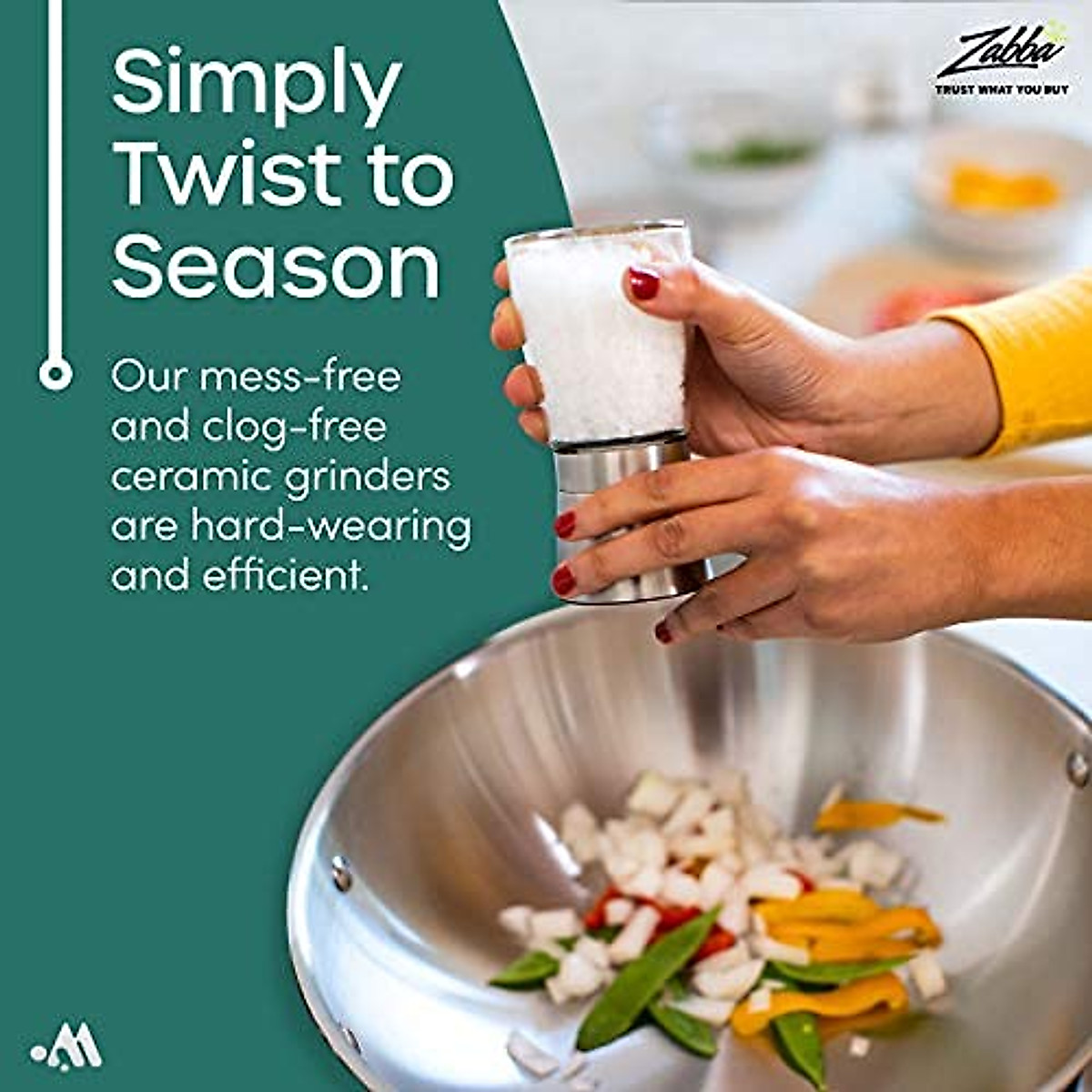 Modetro Salt and Pepper Shakers Set 6 oz Each Adjustable Coarseness Pepper Grinder Mill for Sea Salt Spice Stainless Steel Glass 2 Pack