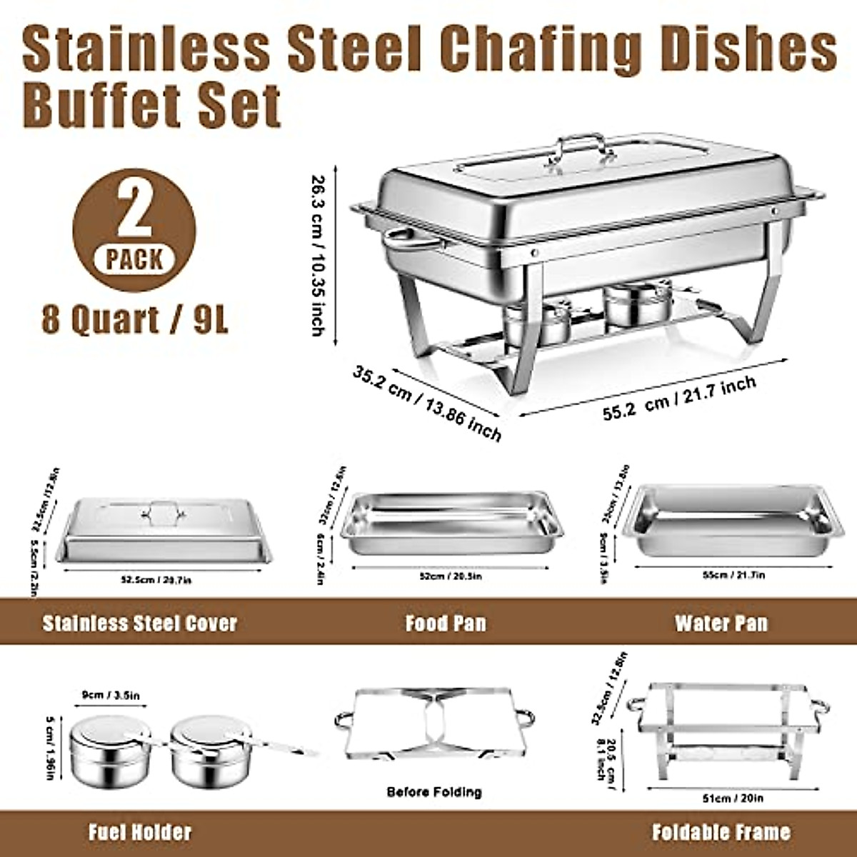 4 Pack Chafing Dish Buffet Set 9.5 Qt Rectangular Stainless Steel Chafers 3.7 Qt Round Chafing Dishes with Foldable Frame Full Size Pans Buffet Server Catering Warmer for Wedding Banquet Party Dinner