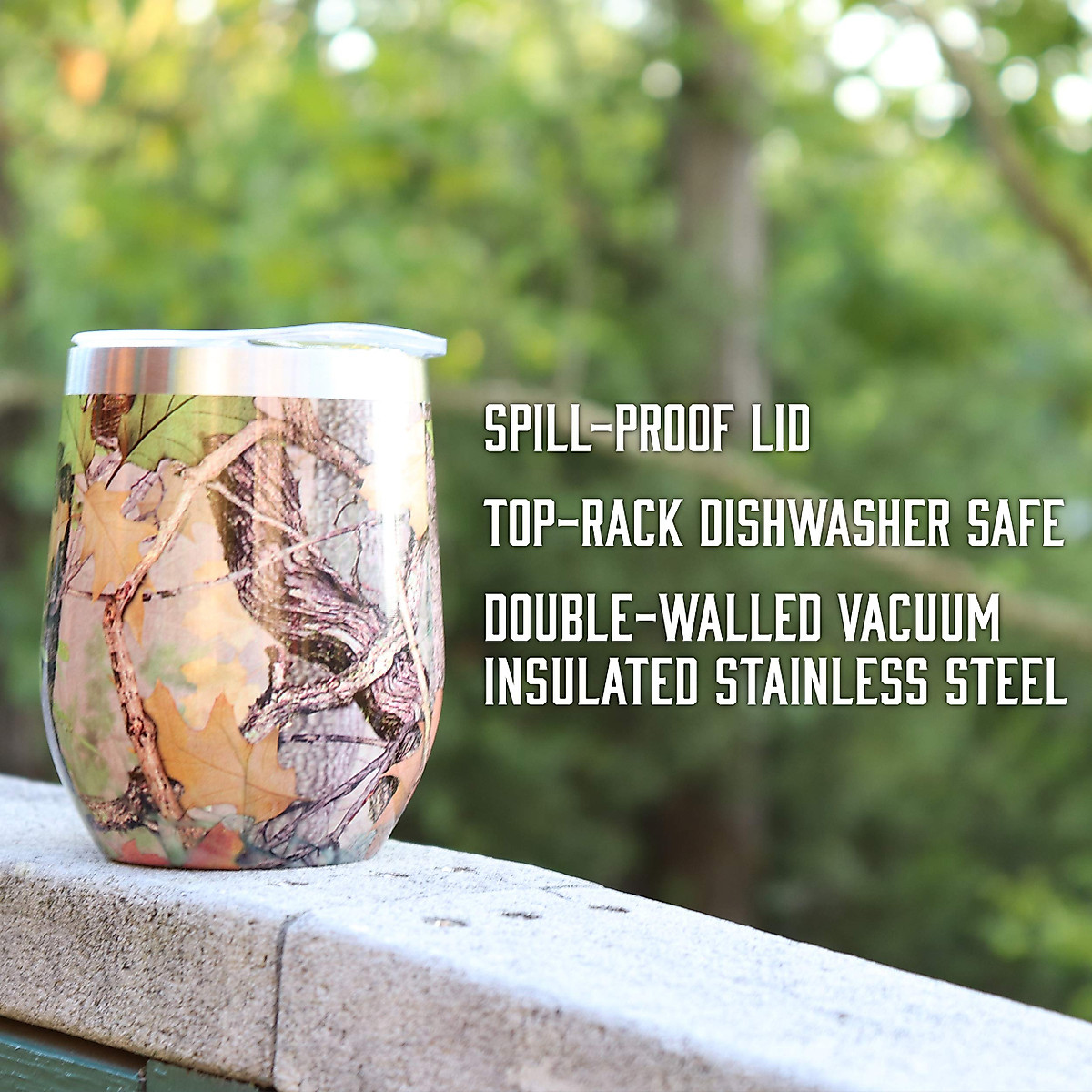 Rivers Edge Products 10 Oz Insulated Wine Tumbler With Lid, Stainless Steel Stemless Wine Glass, Hot or Cold Tea and Coffee Tumbler, Spill-Proof Insulated Cup for Travel, Camo