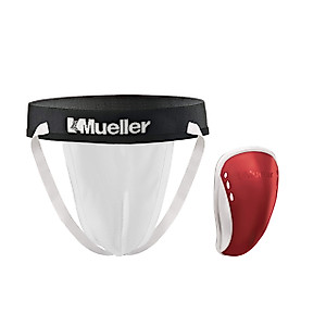 MUELLER Sports Medicine Teen Boy's Athletic Supporter with Flex Shield Cup, Youth Jockstrap for Sports, White Underwear/Red Cup, Regular